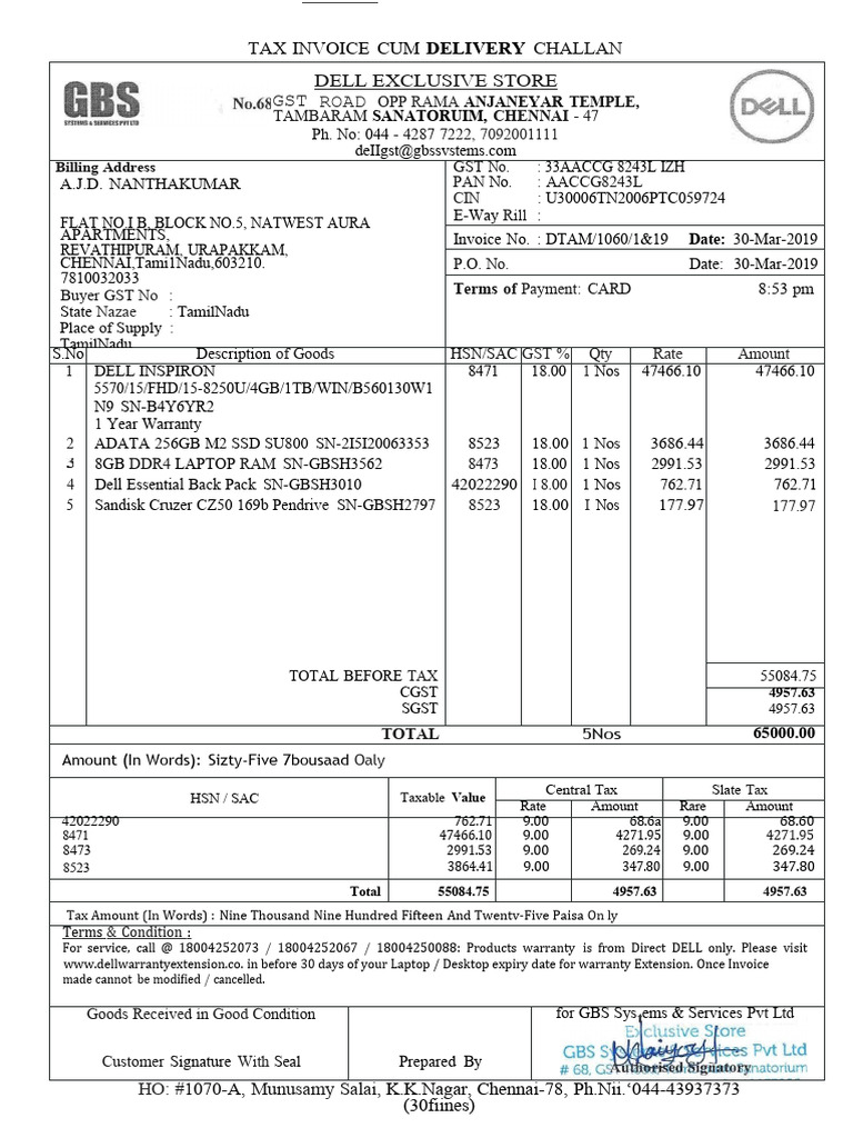 Dell Laptop Bill Warranaty | PDF | Receipt | Business