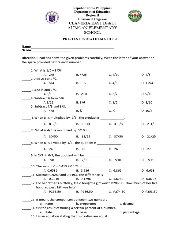 Pre-Test Mathematics 6 | PDF