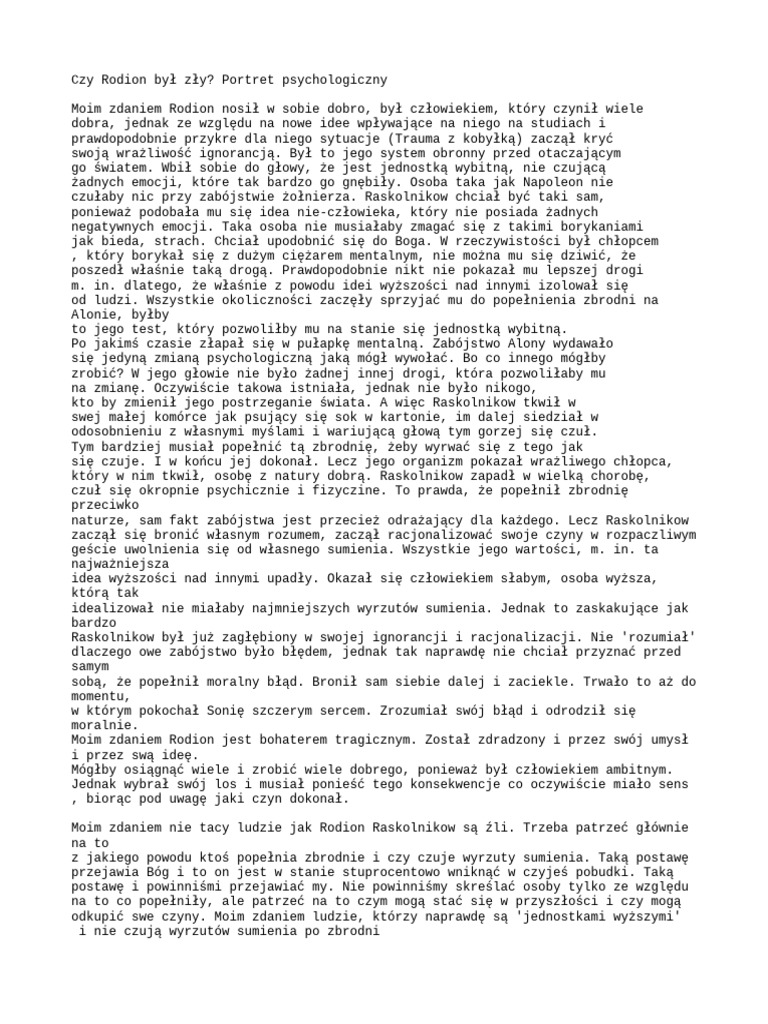 Rodion Raskolnikow Portret Psychologiczny | PDF