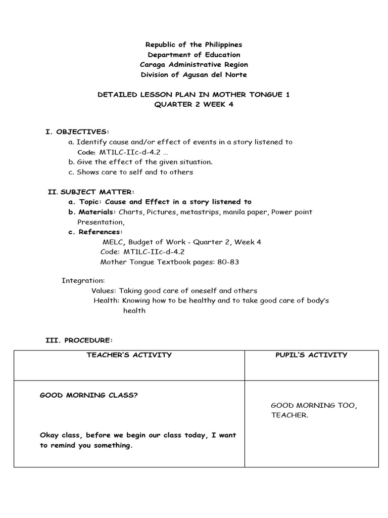 Detailed Lesson Plan For Grade 1 | PDF | Wellness