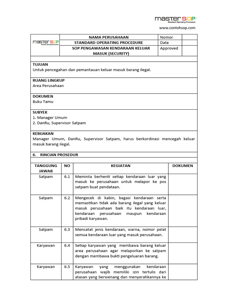Sop Pengawasan Kendaraan Keluar Masuk (Security) | PDF Sop Pengawasan Kendaraan Keluar Masuk (Security) | PDF