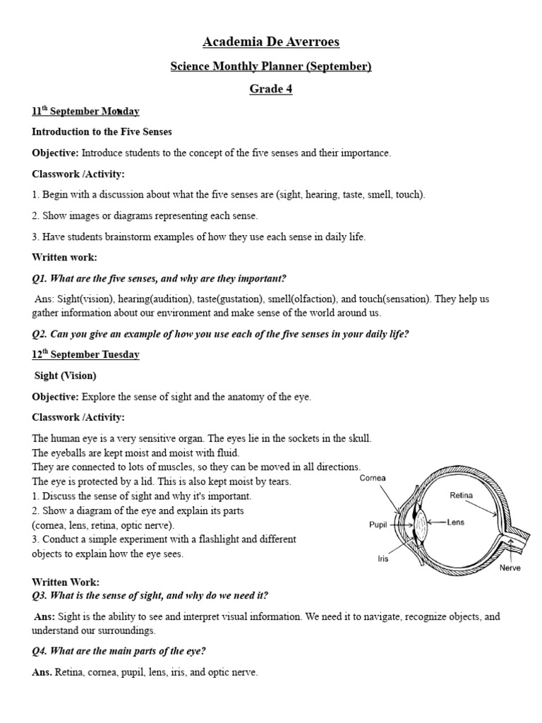 Grade 4 Five Senses Science Planner | PDF | Taste | Ear