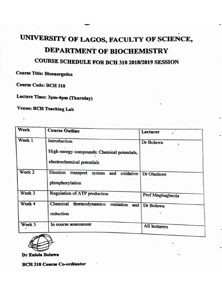 BCH 310 (304) Bioenergetics Course Outline | PDF