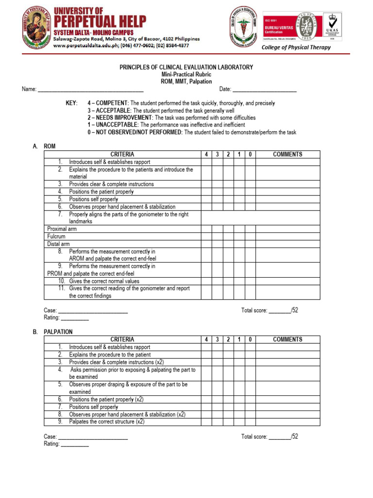 Palpation, ROM, MMT Mini Practicals Rubric | PDF