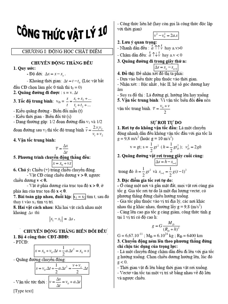 Cong Thuc Vat Li 10 Tong Hop | PDF
