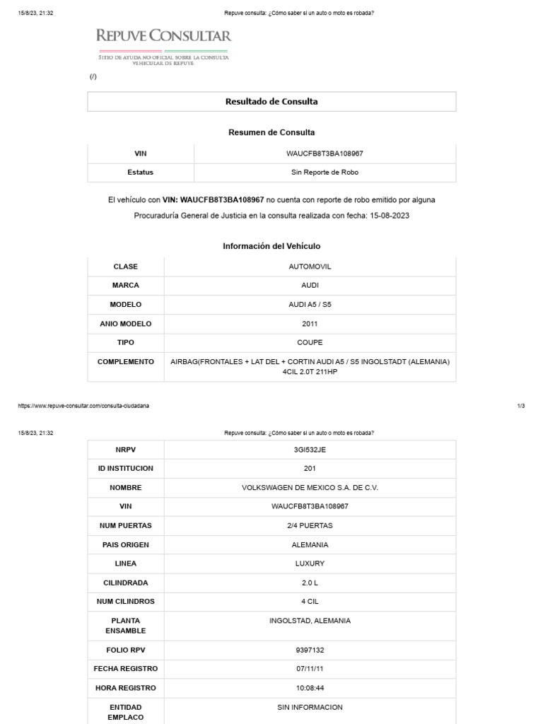 Repuve Consulta - ¿Cómo Saber Si Un Auto o Moto Es Robada | PDF | Audi | Vehículos de ruedas