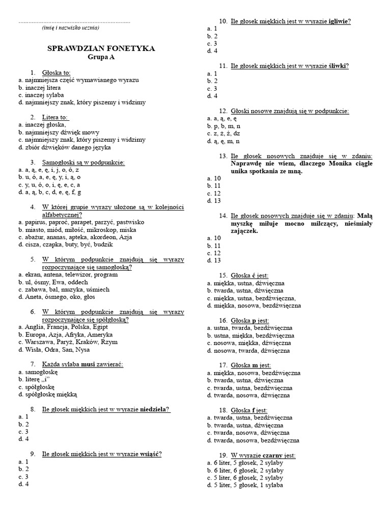 Sprawdzian Fonetyka 5 | PDF