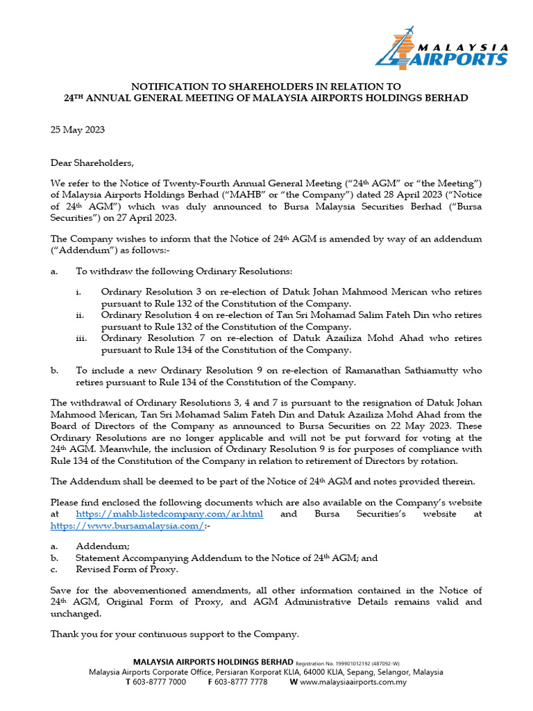 Notification On Addendum To Notice of 24th AGM | PDF | Proxy Voting | Business