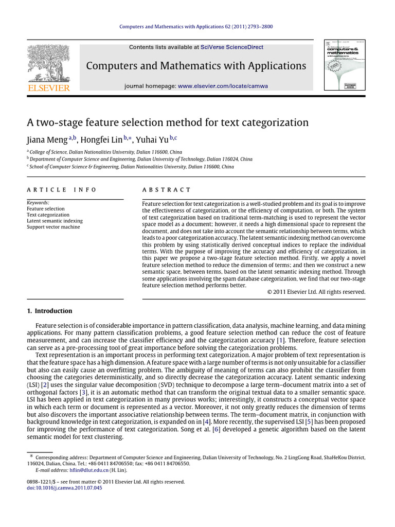 A Two Stage Feature Selection Method For T 2011 Computers Mathematics With Pdf Support