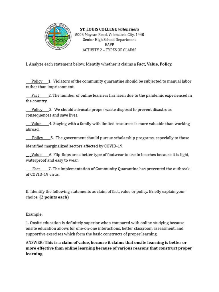 ACTIVITY 2 - Types of Claims | PDF