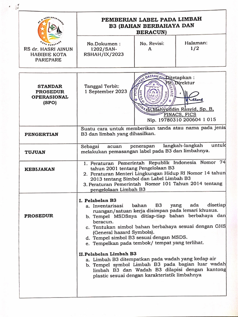 SPO Pemberian Label Pada B3 & Limbahnya | PDF