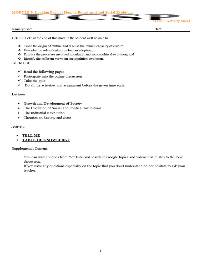 UCSP MODULE 5 Activity Sheet | PDF | Evolution | Society