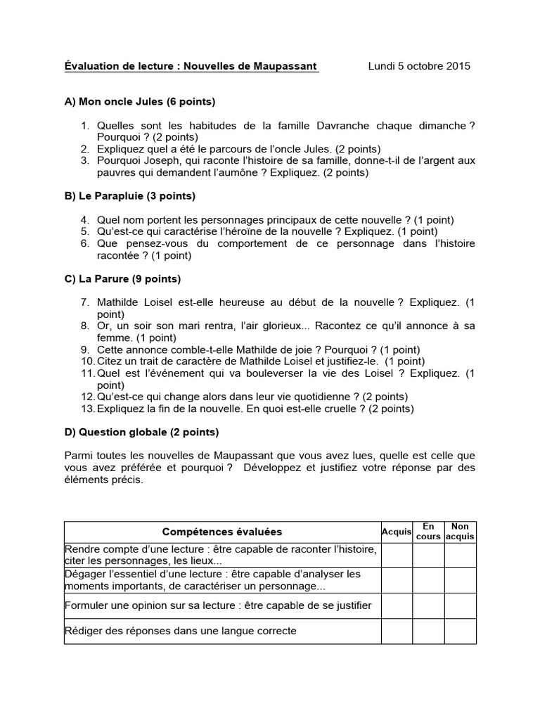 Évaluation de Lecture Sur 3 Nouvelles | PDF