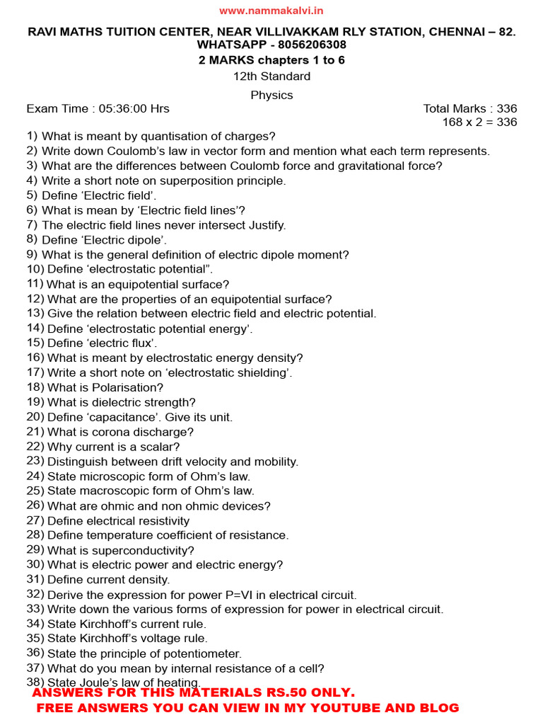 Namma Kalvi 12th Physics Question Bank em 219392 | PDF