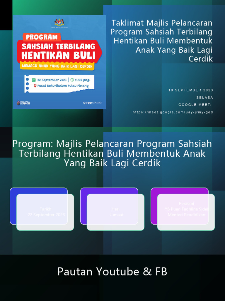 Taklimat Majlis Pelancaran Program Sahsiah Terbilang Hentikan Buli | PDF