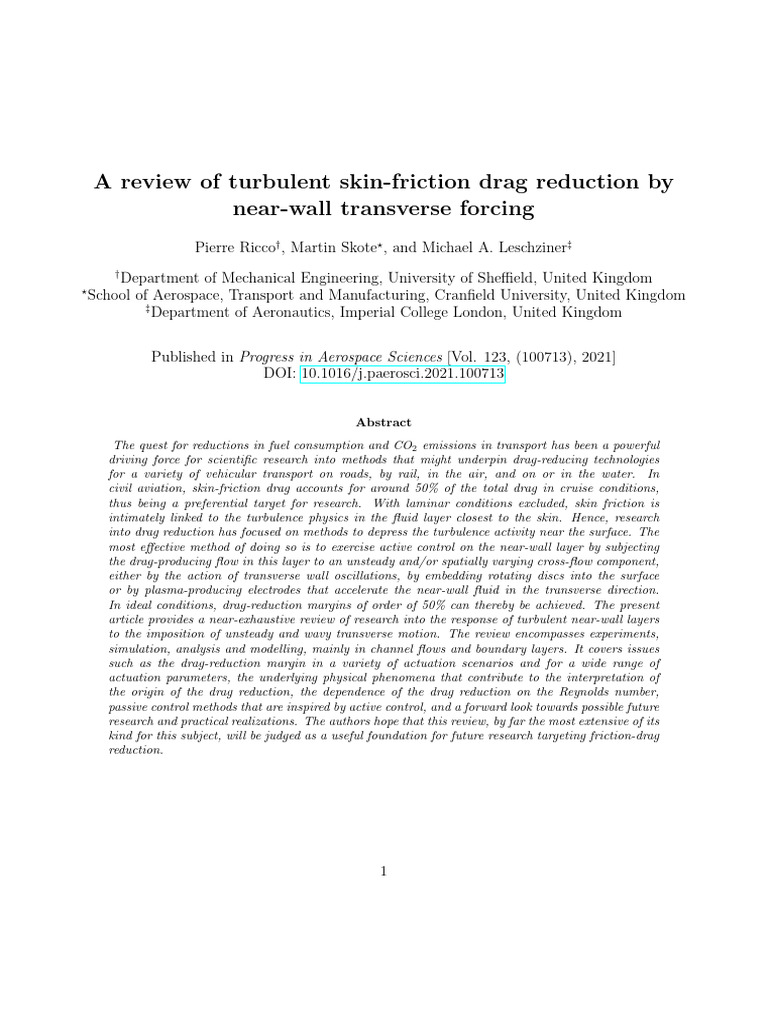 A Review Of Turbulent Skin Friction Drag Reduction By Near Wall Transverse Forcing Pdf