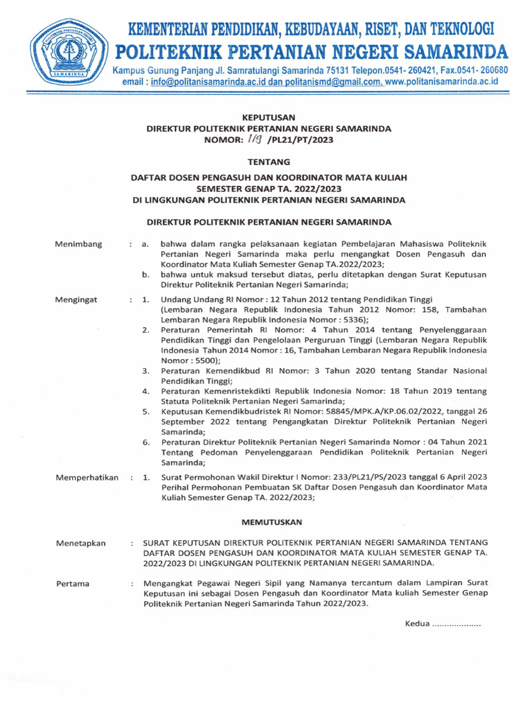 SK - 119 - Dosen Pengasuh Dan Koordinator Mata Kuliah Semester Genap 2022 - 2023 | PDF