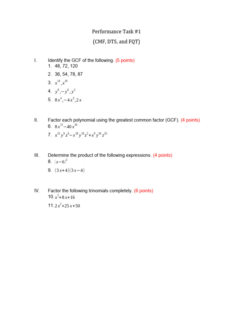 GCF and Polynomial Factoring Tasks | PDF