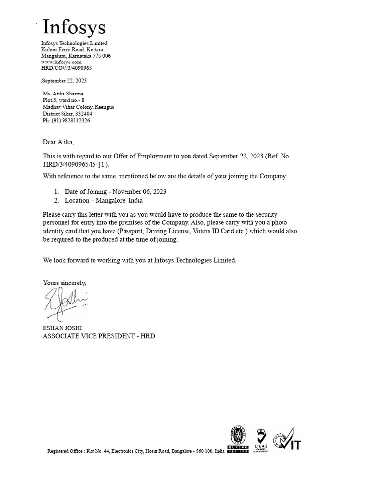 Infosys Offer | PDF | Identity Document | Government And Personhood