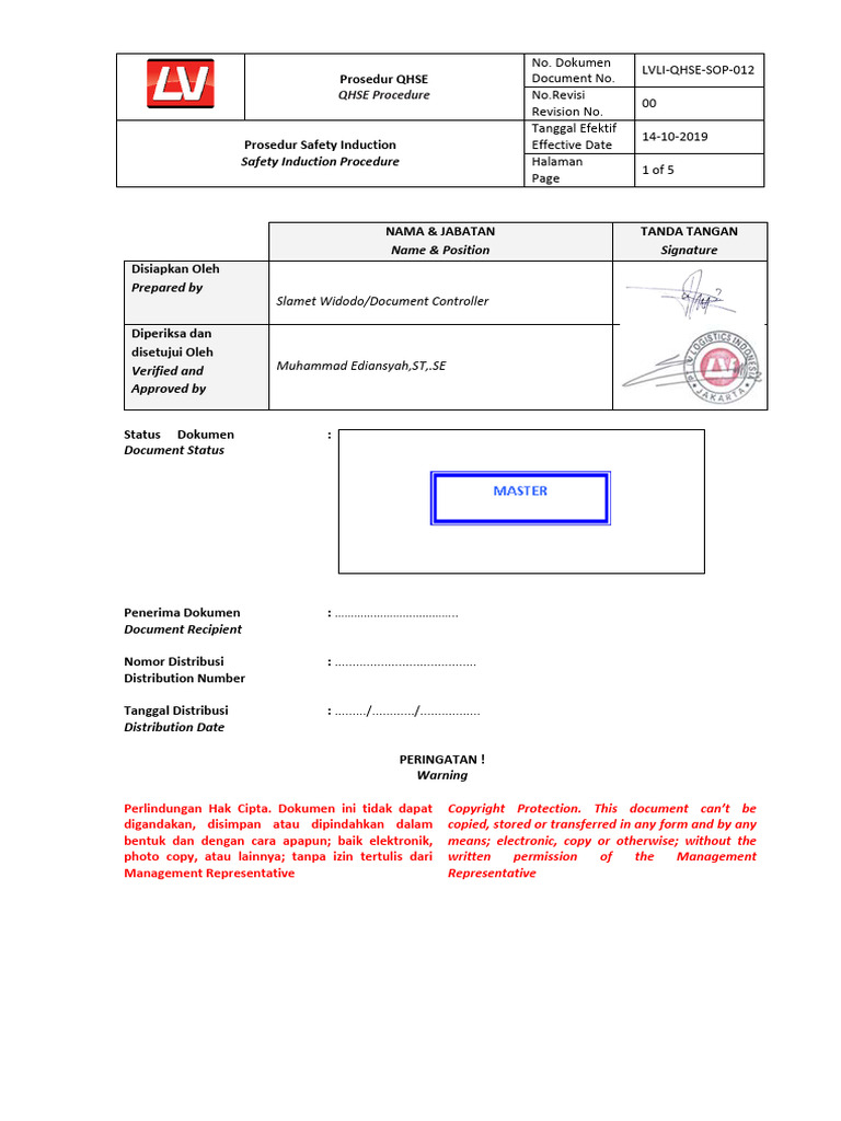 LVLI-QHSE-SOP-012 - Prosedur Safety Induction | PDF