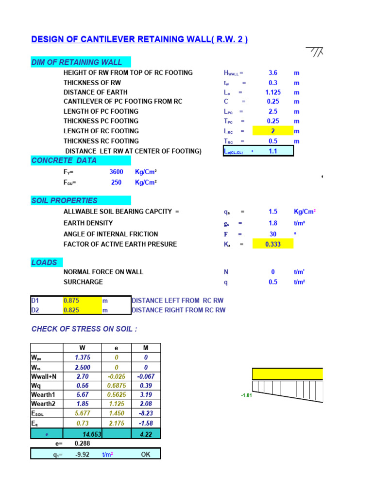 Retaining Wall Design Excel Sheet As Per ACI Code | PDF | Mechanics ...