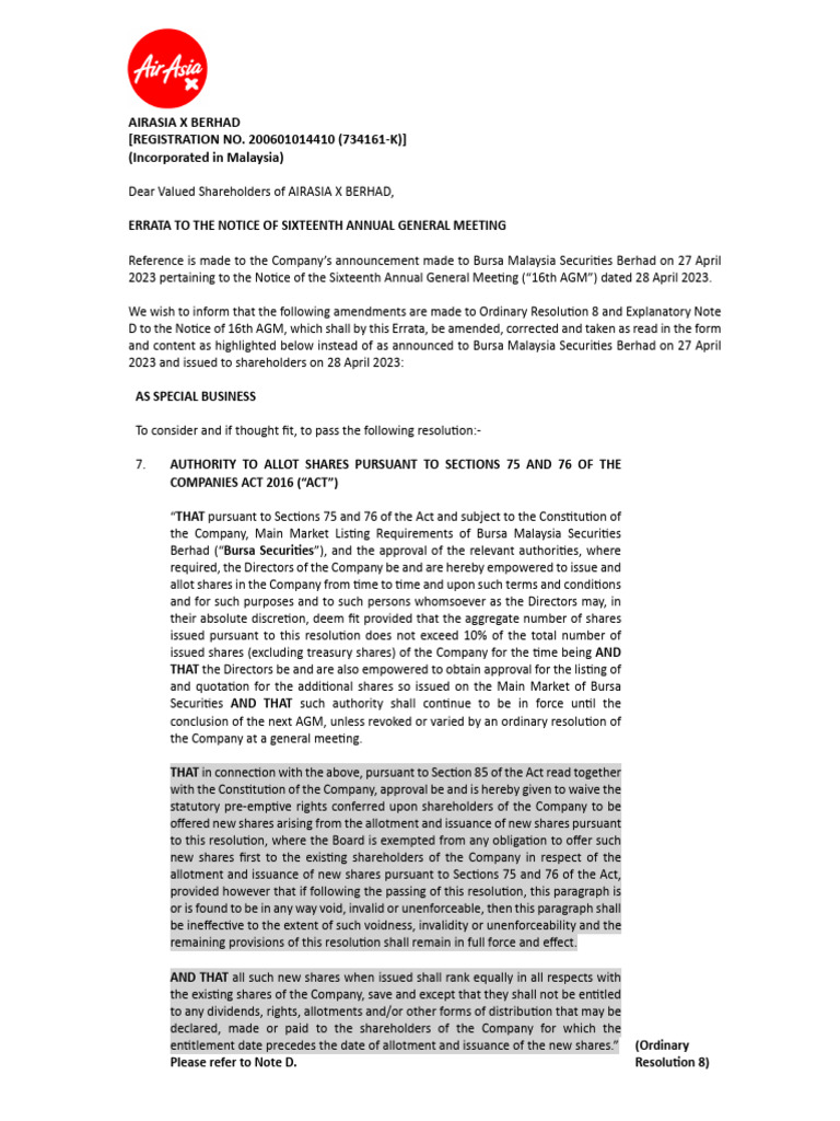 Errata AAX Notice of 16th AGM | PDF