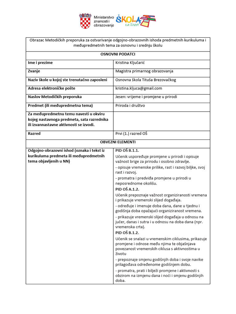 PRIRODA I DRUŠTVO 1 OŠ Jesen Vrijeme I Promjene U Prirodi KK | PDF