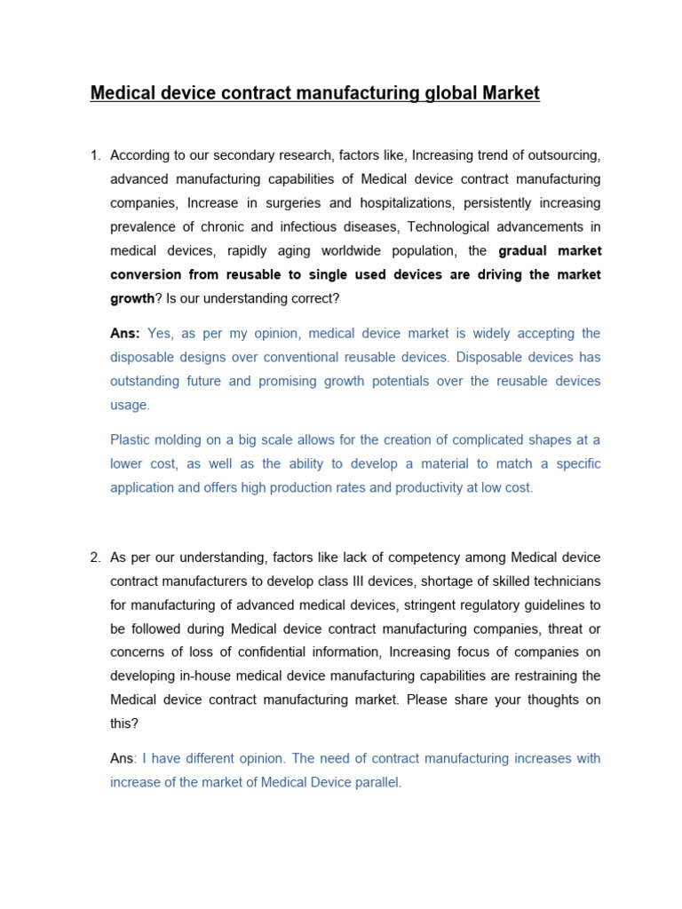 Questionnaire - Medical Device Contract Manufacturing Global Market | PDF | Medical Device ...