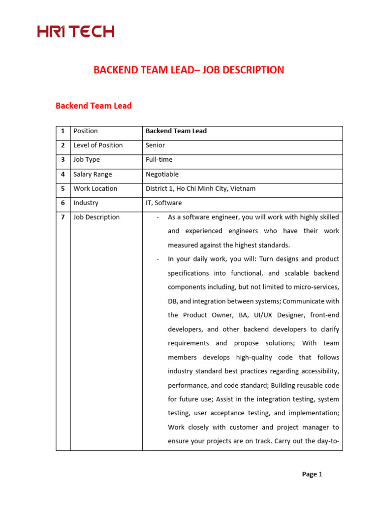 JD - Backend Team Lead | PDF | Computer Science | Software