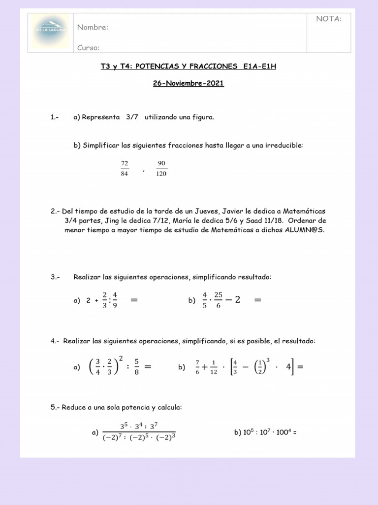 E1A-E1H V-26-11-21 Exm Potencias y Fracciones | PDF