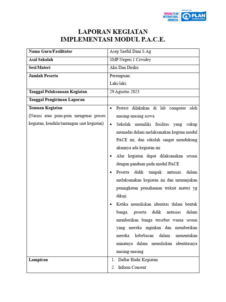 Laporan Kegiatan Modul Pace Aku Dan Diriku | PDF