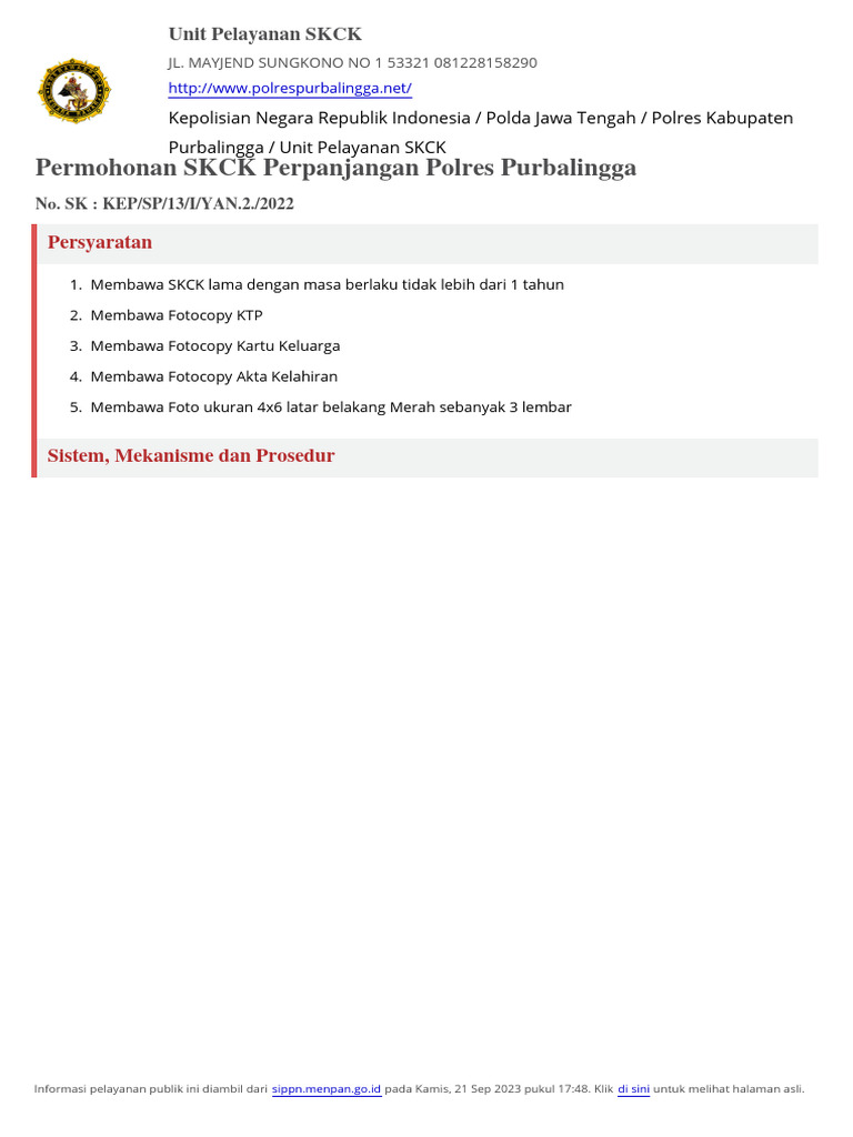 Unduh Standar Pelayanan - Permohonan SKCK Perpanjangan Polres Purbalingga | PDF