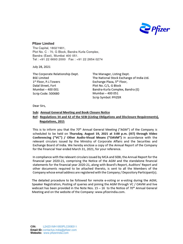 Pfizer AGM & Book Closure Notice | PDF