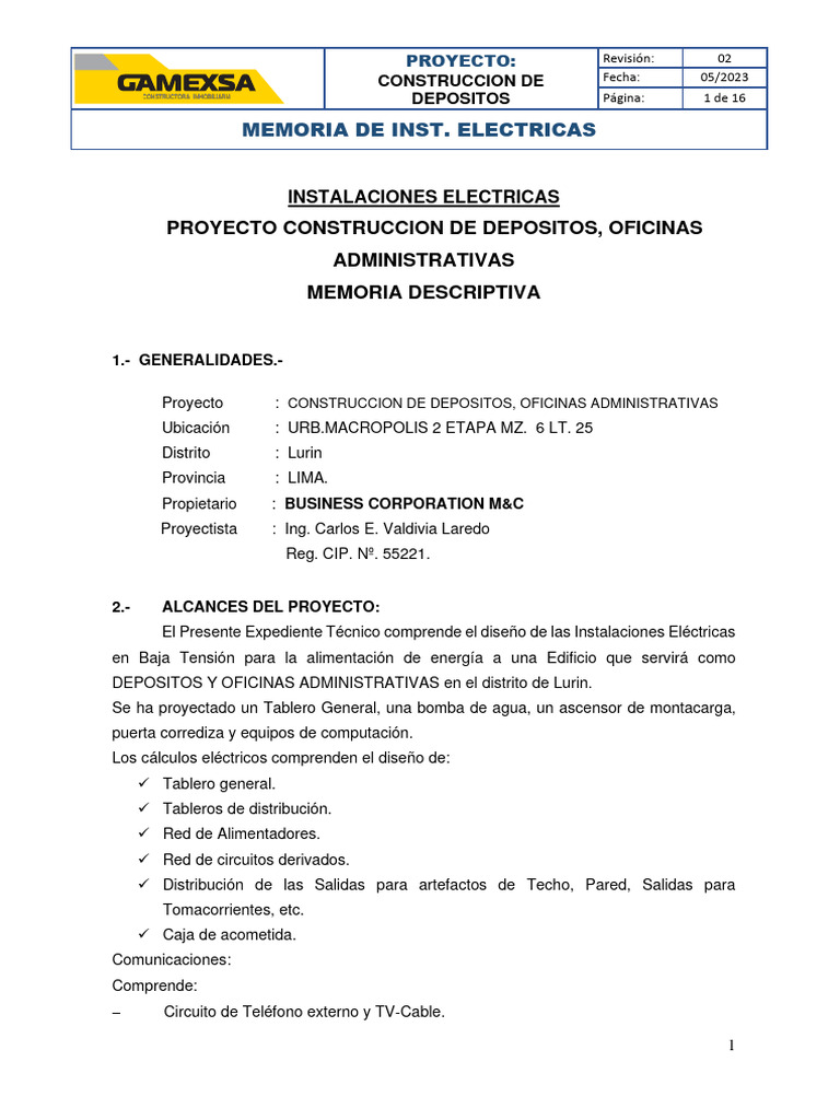 Memoria Descriptiva Instalaciones Electricas | PDF