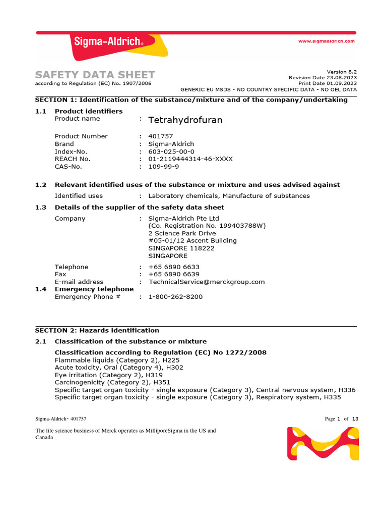Safety Data Sheet: Tetrahydrofuran | PDF | Dangerous Goods | Toxicity