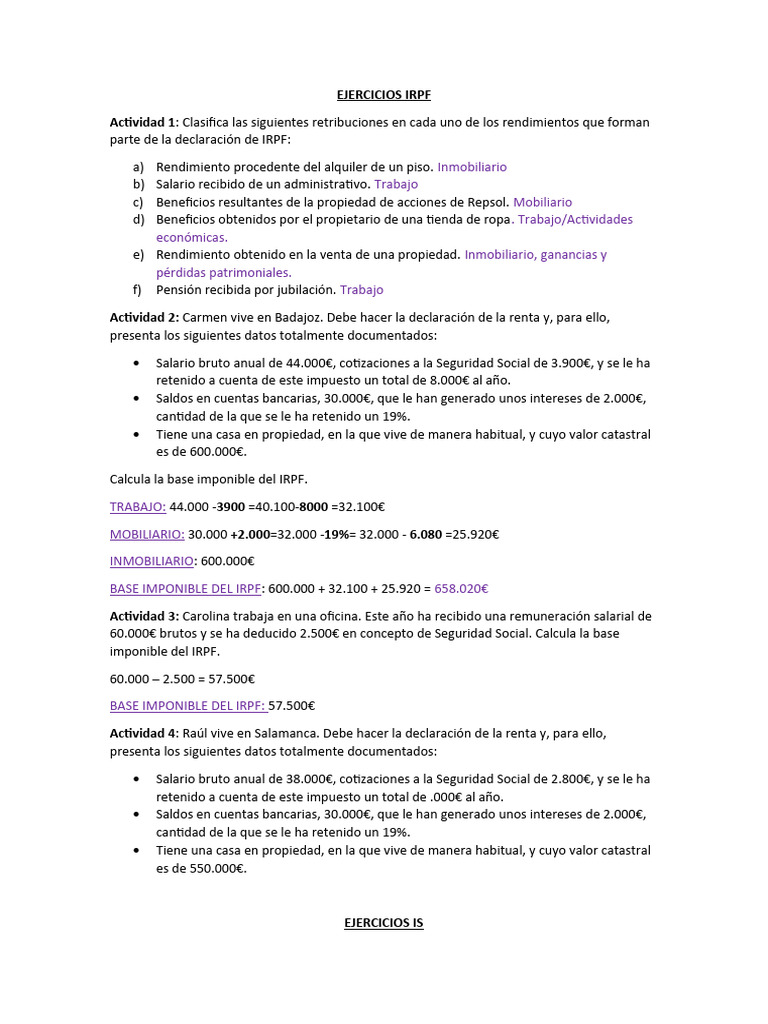 Cálculo de IRPF e IS: Ejercicios Prácticos | PDF | Salario | Impuestos