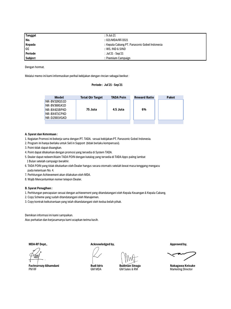 Premium Campaign TADA - Memo Approval | PDF