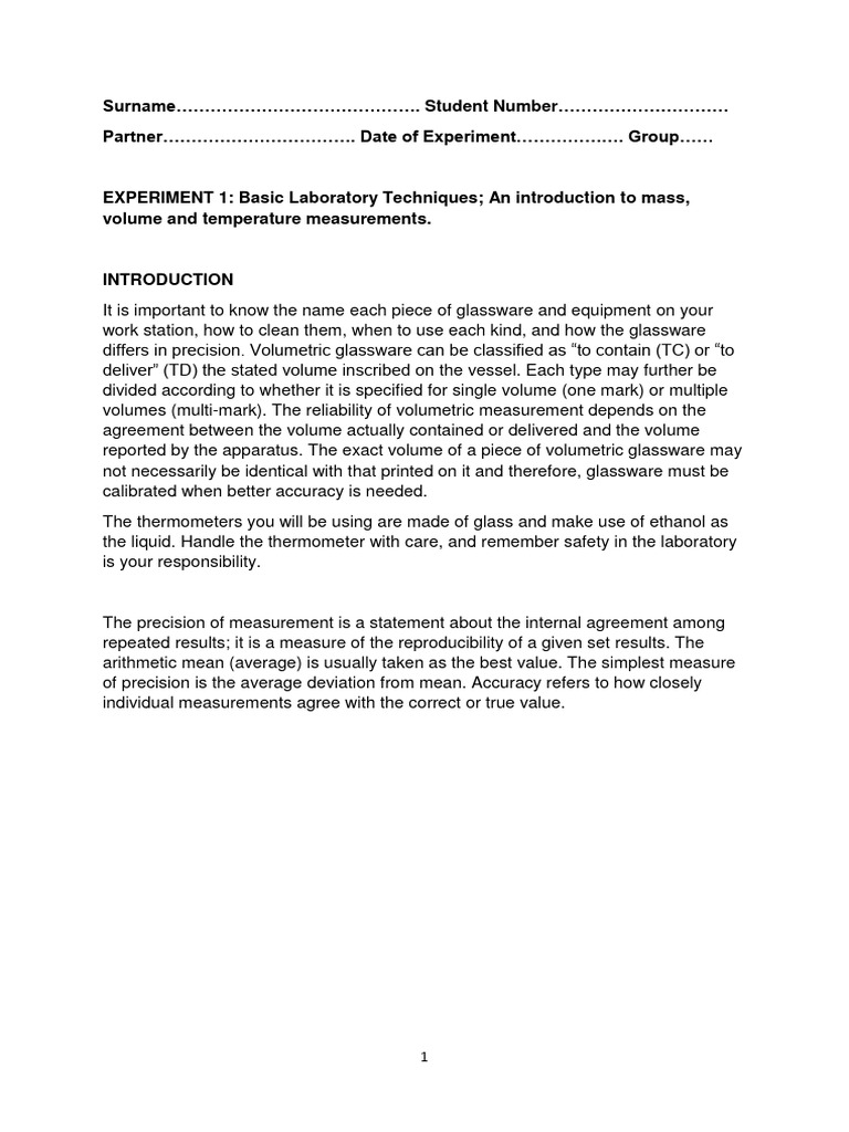 C1501 Experiment 1 - Basic Laboratory Techniques | PDF | Density | Accuracy And Precision