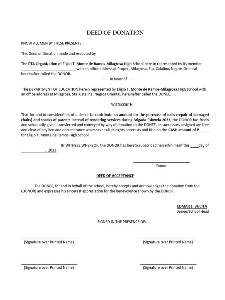 DEED OF DONATION 2023 Sample | PDF