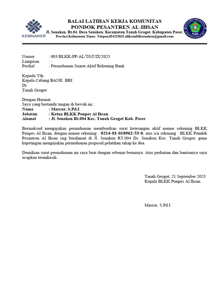 Permohonan Surat Aktif Bank BRI | PDF