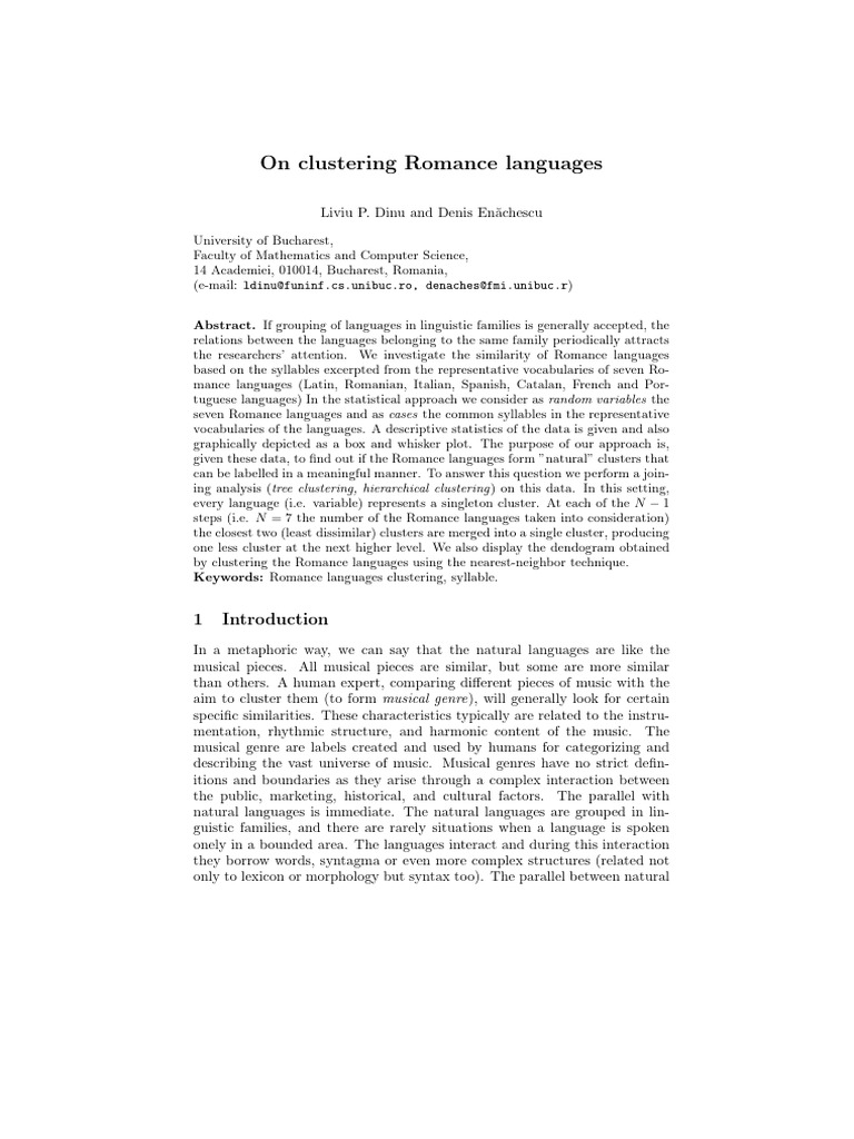 2007 Liviu P. Dinu, Denis Enachescu, 2007. On Clustering Romance Languages | PDF | Cluster ...