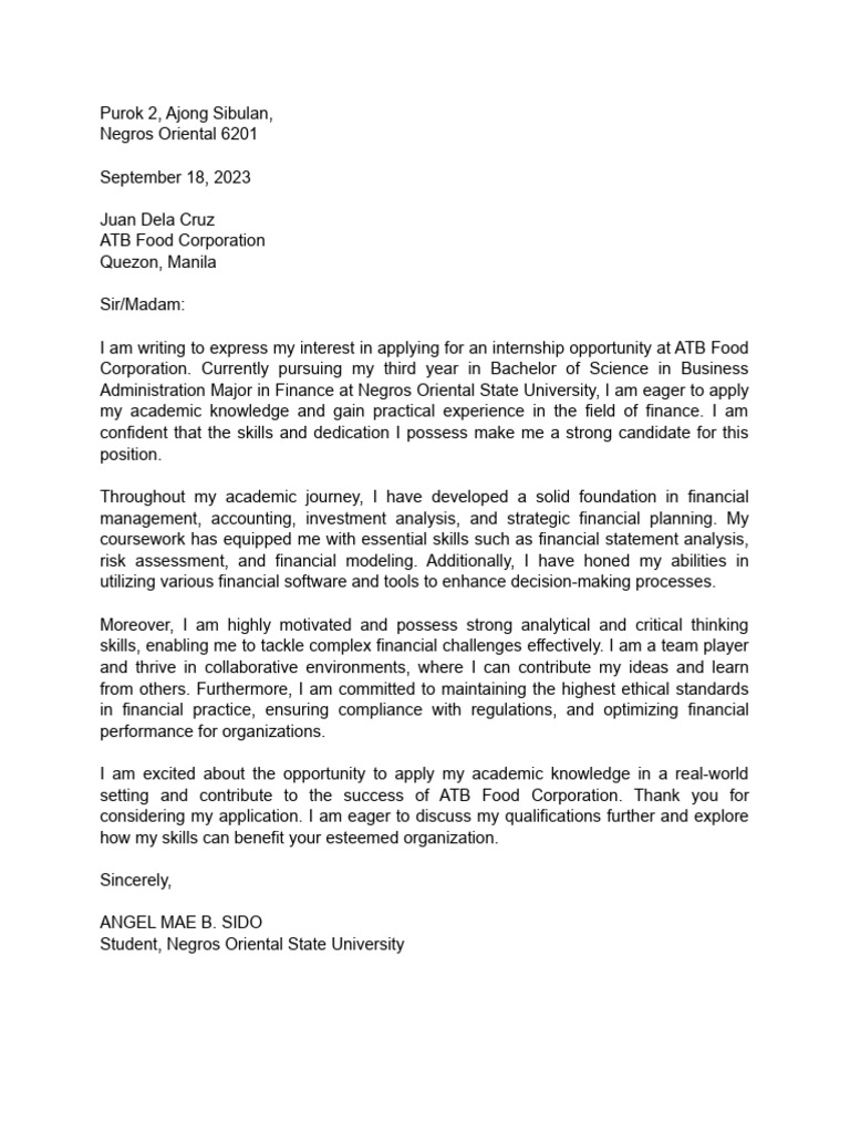 Internship Application: Angel Mae Sido | PDF