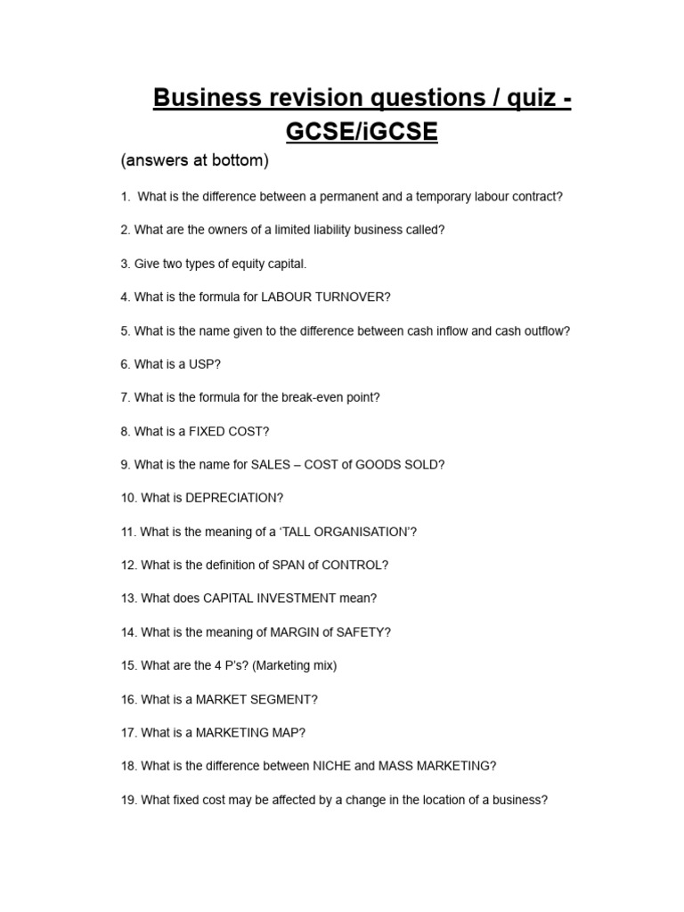 Business Revision Questions - Quiz - GCSE - iGCSE | PDF | Employment ...