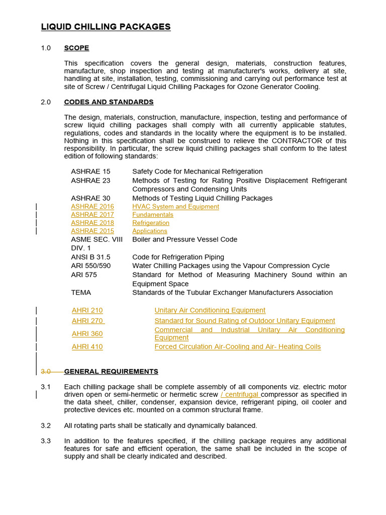 Specification - Screw Chiller - Draft | PDF | Heat Exchanger | Materials