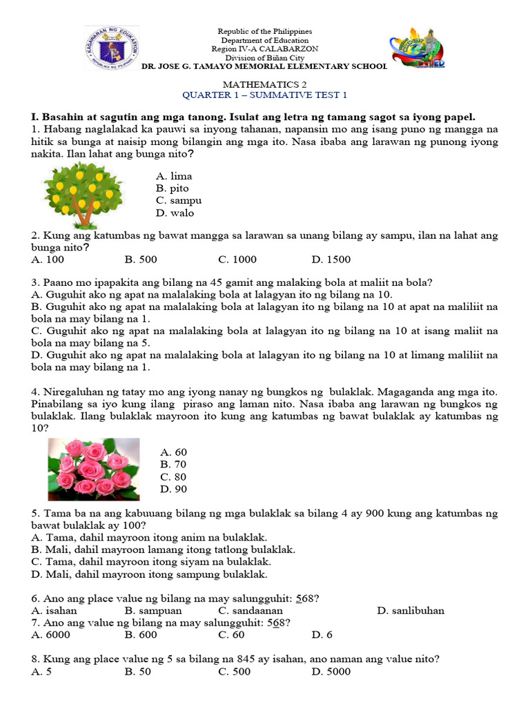 GRADE 2 Math Q1 Summative Test 1 | PDF