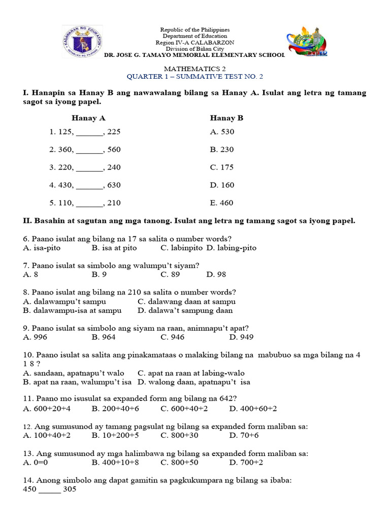 GRADE 2 Math Q2 Summative Test No. 2 | PDF