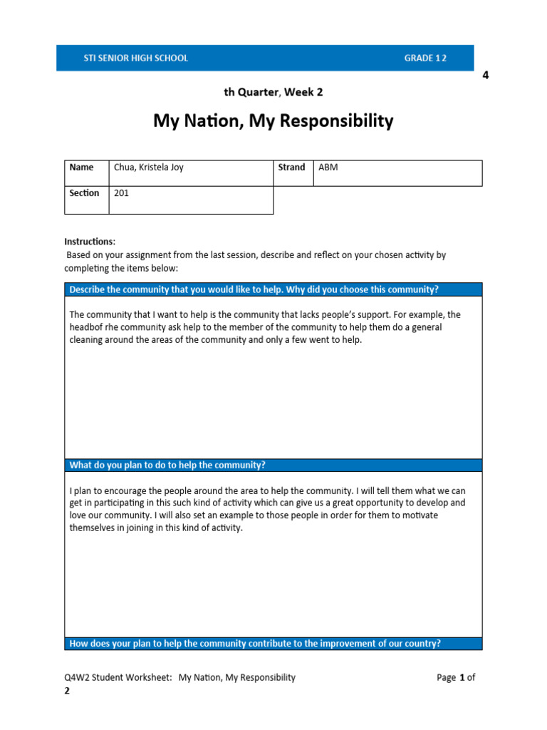 G124QW2 Worksheet - My Nation My Responsibility | PDF