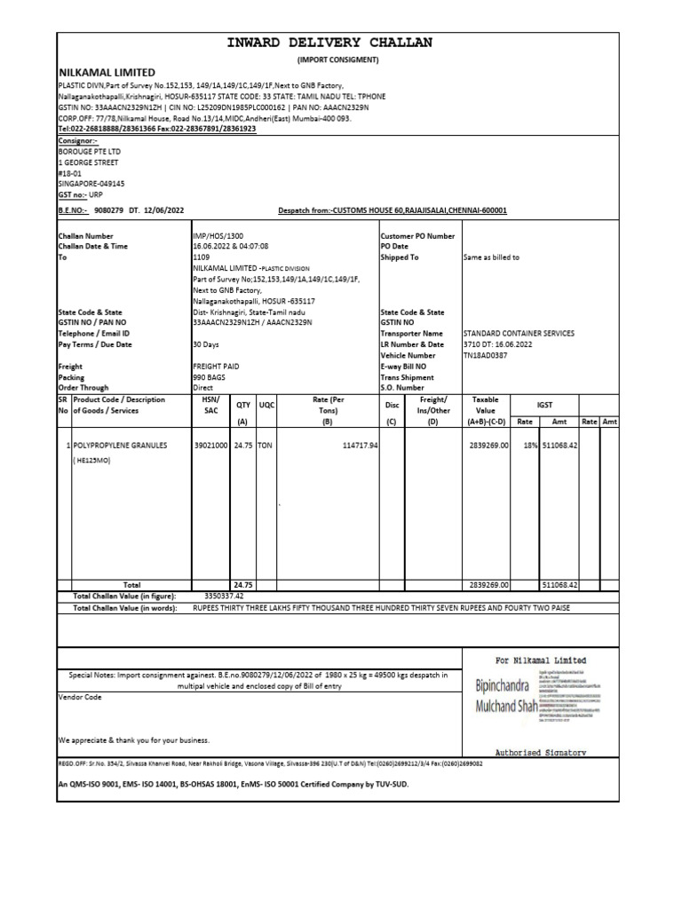 Inward Delivery Challan Template | PDF