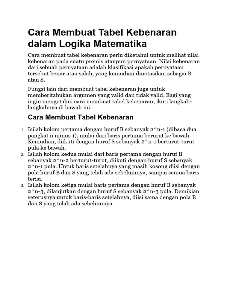 Cara Membuat Tabel Kebenaran Dalam Logika Matematika | PDF Cara Membuat Tabel Kebenaran Dalam Logika Matematika | PDF