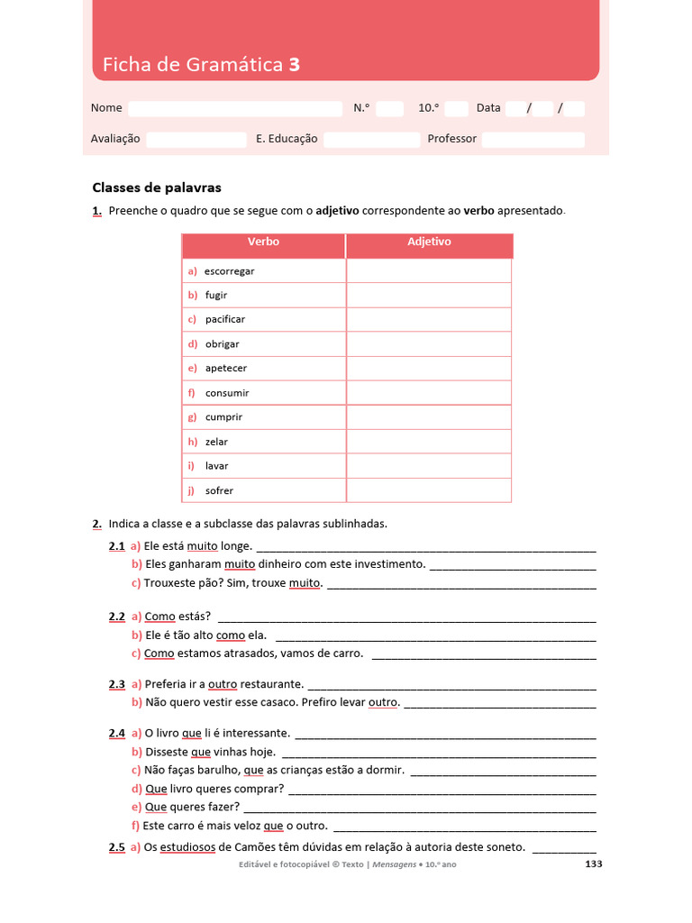 Ficha Classes de Palavras | PDF